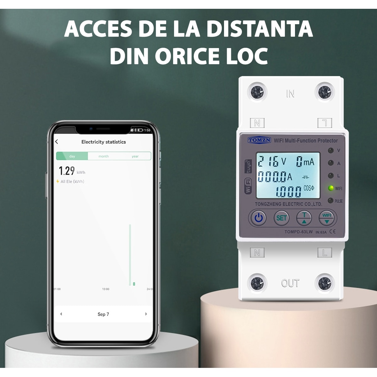 Contor monofazat inteligent TOMZN DDS238-3WIFI, Wi-Fi, 63A, 110V 220V ...