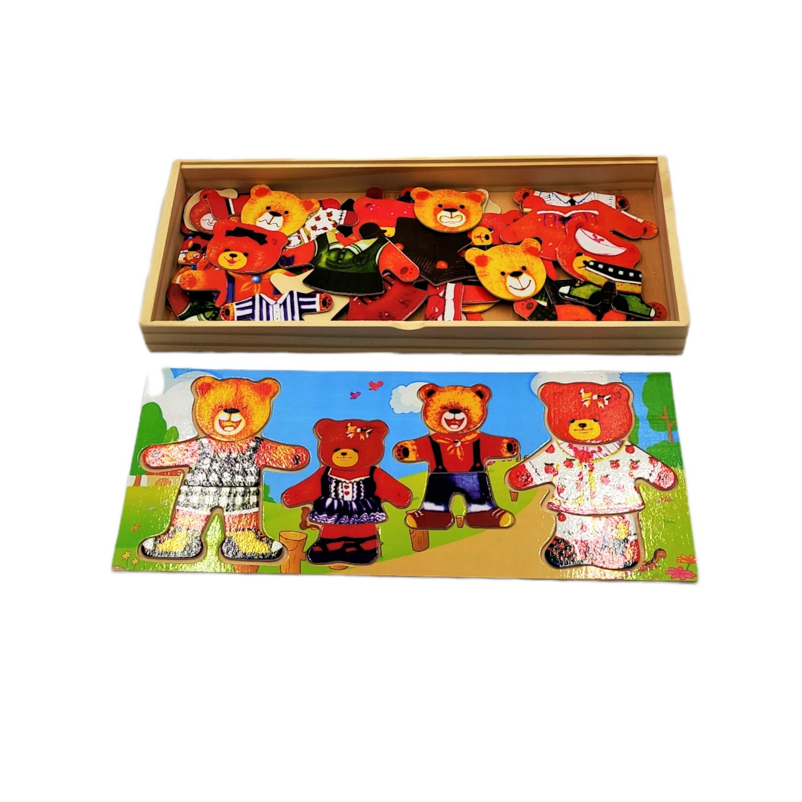 Puzzle lemn, sa imbracam familia de ursuleti, 31 x 13 x 3 cm, 42 piese ...