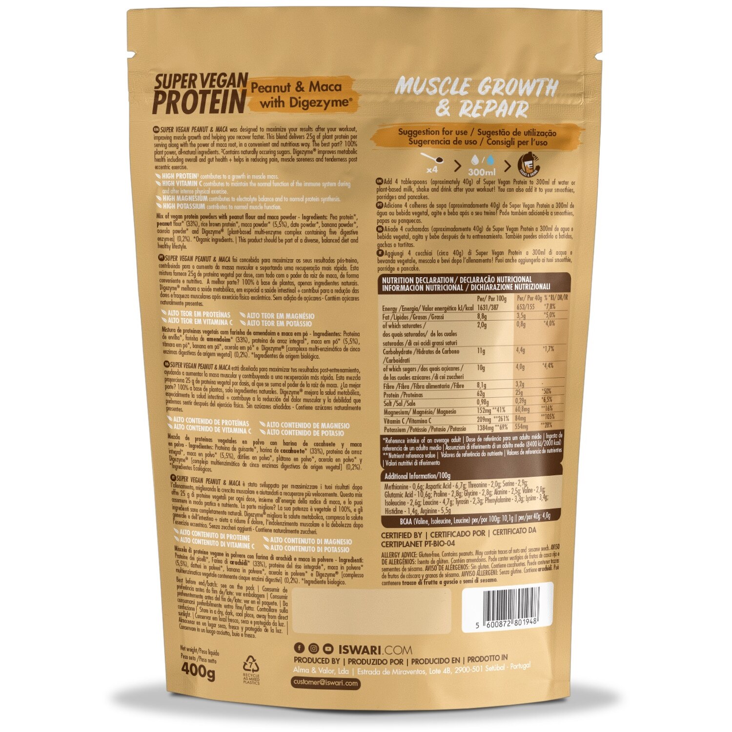 Proteina Super Vegan BIO dupa efort arahide si maca Iswari, 400 g - eMAG.ro