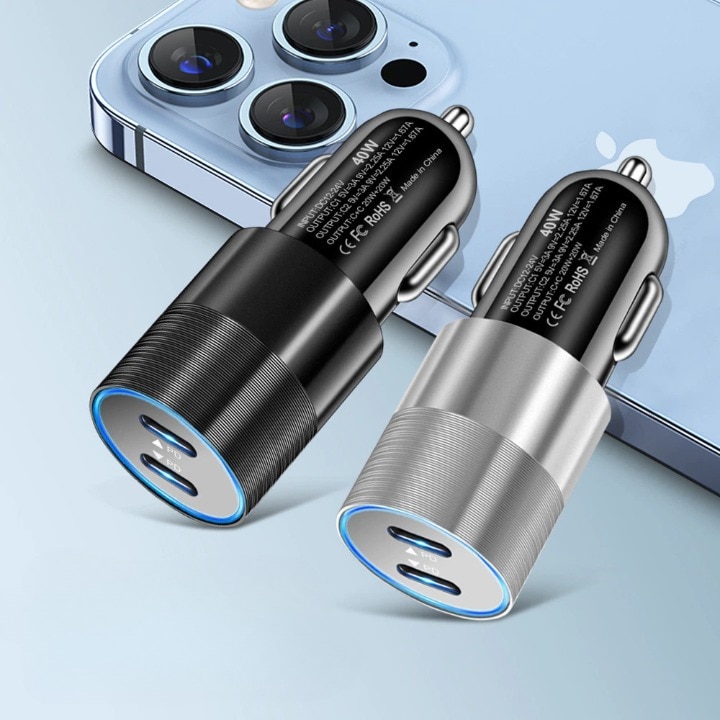 Зарядно за кола, 2 x USB Type C, PD Charger Adapter, черно - eMAG.bg
