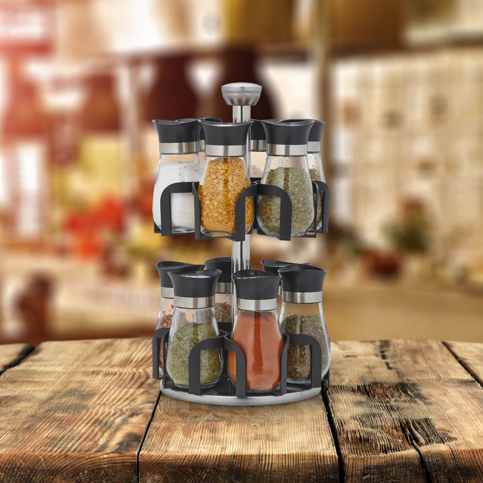 Set 12 recipiente condimente cu suport rotativ, negru, 31 x 18 cm ...