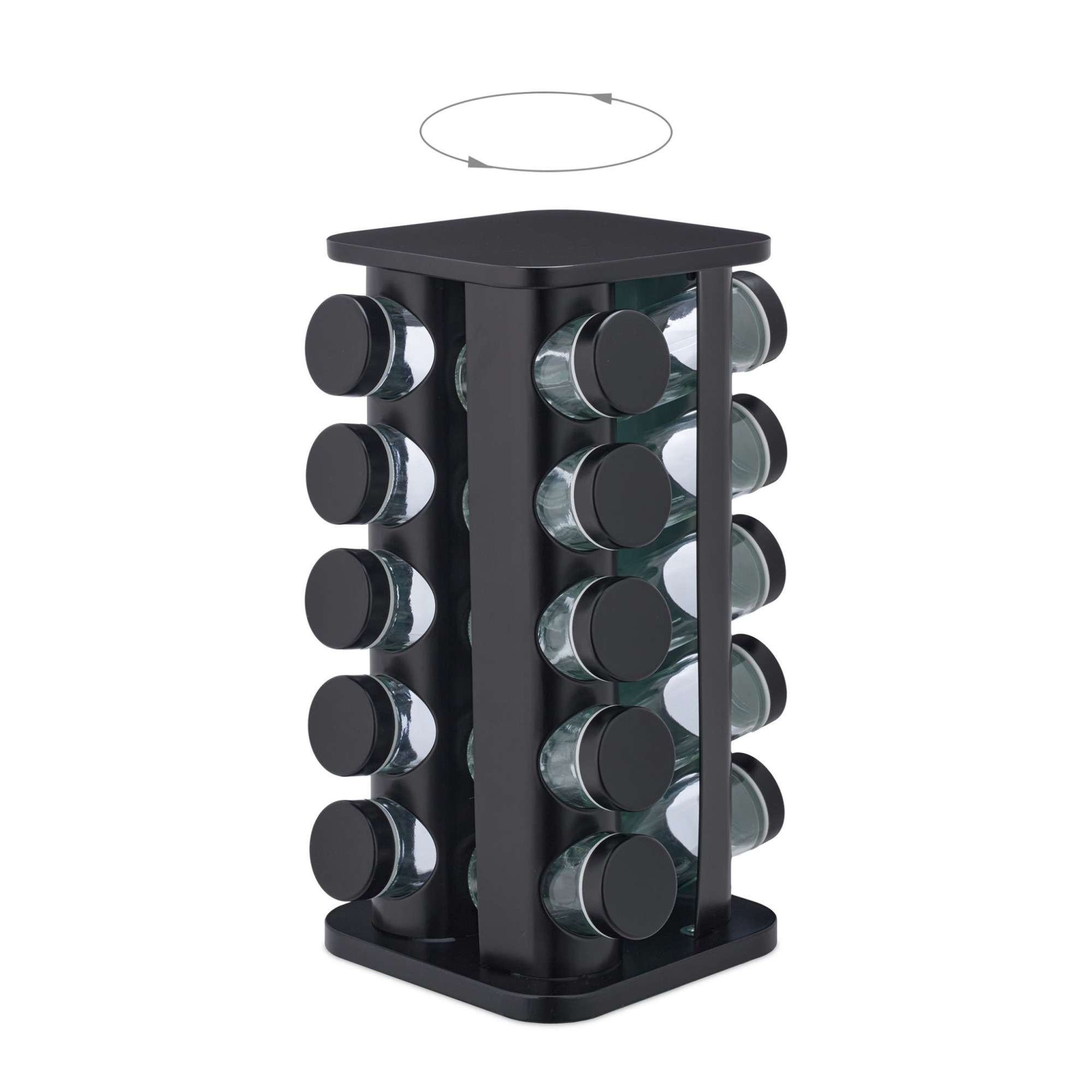 Set 20 recipiente condimente cu suport rotativ, inox, negru, 33.5 x 20 ...