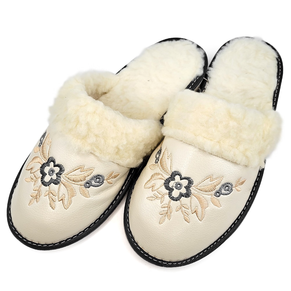 Papuci Dama, Model 'Flowers and Pearls', Culoare Crem Sidef, Material ...