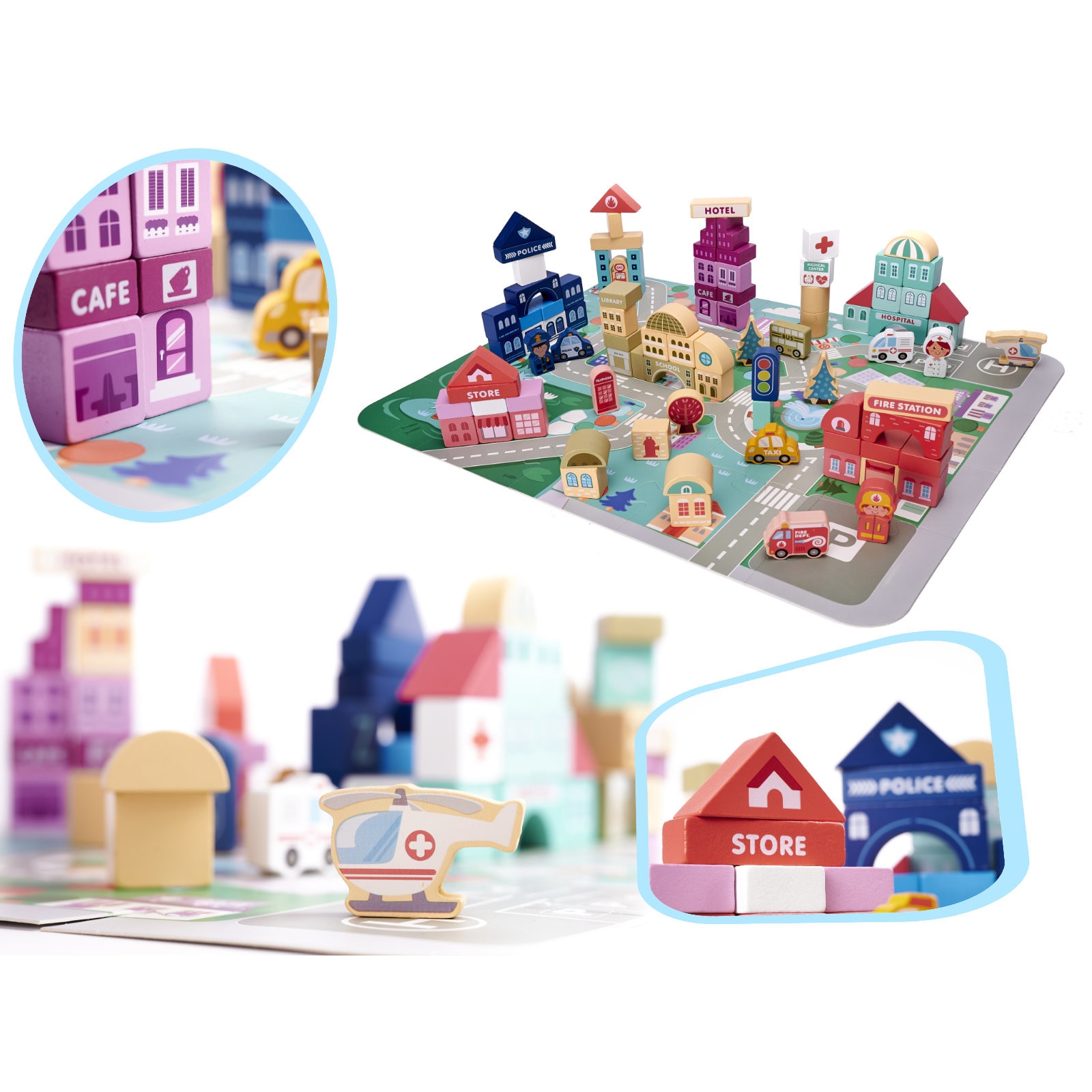Set constructie cuburi din lemn ISP "Likesmart Puzzle City 6199", 100 ...