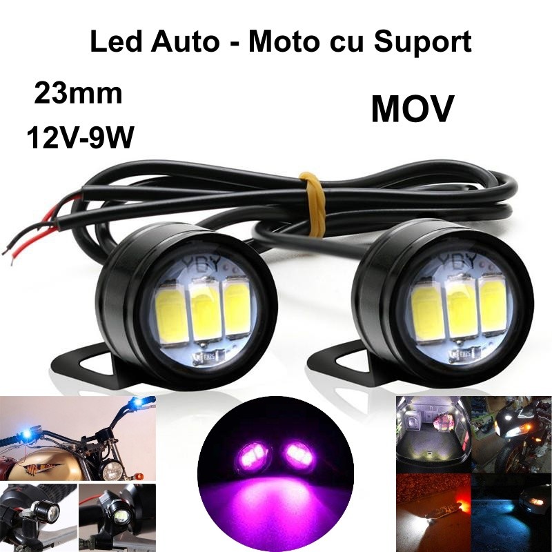 Set 2 LED-uri auto cu suport, 12V - 9W, 23mm, Mov, AXT-BBL6593 - eMAG.ro