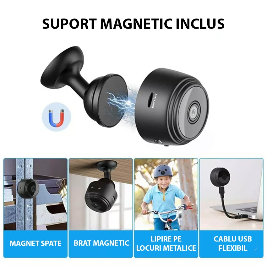 Mini camera supraveghere A9, Wireless, 500 mAh, Aplicatie Telefon ...