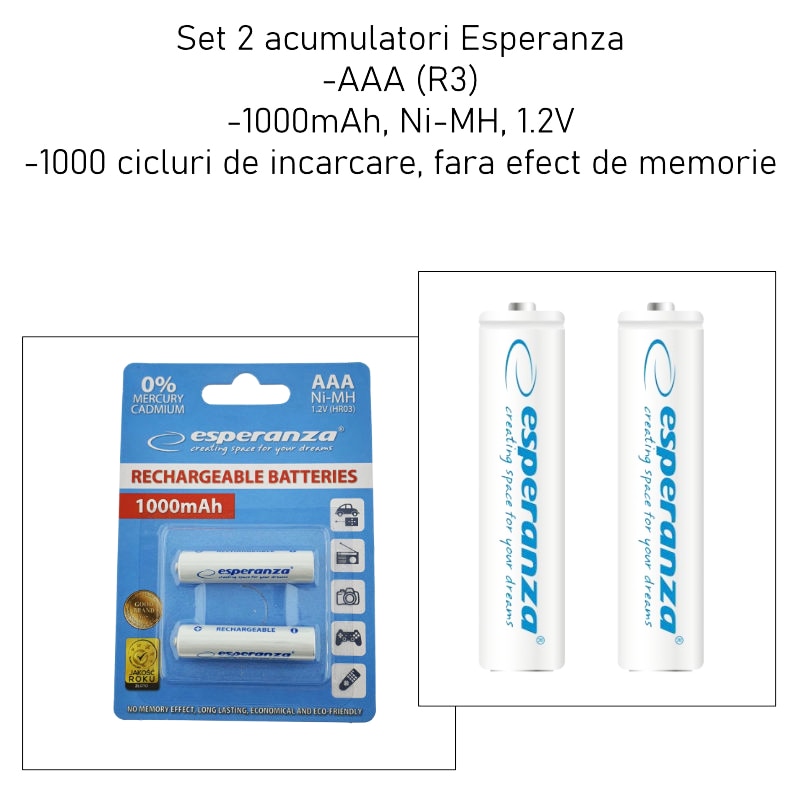 Set 2 acumulatori AAA (R3) Esperanza 92250, 1000mAh, Ni-MH, 1.2V ...