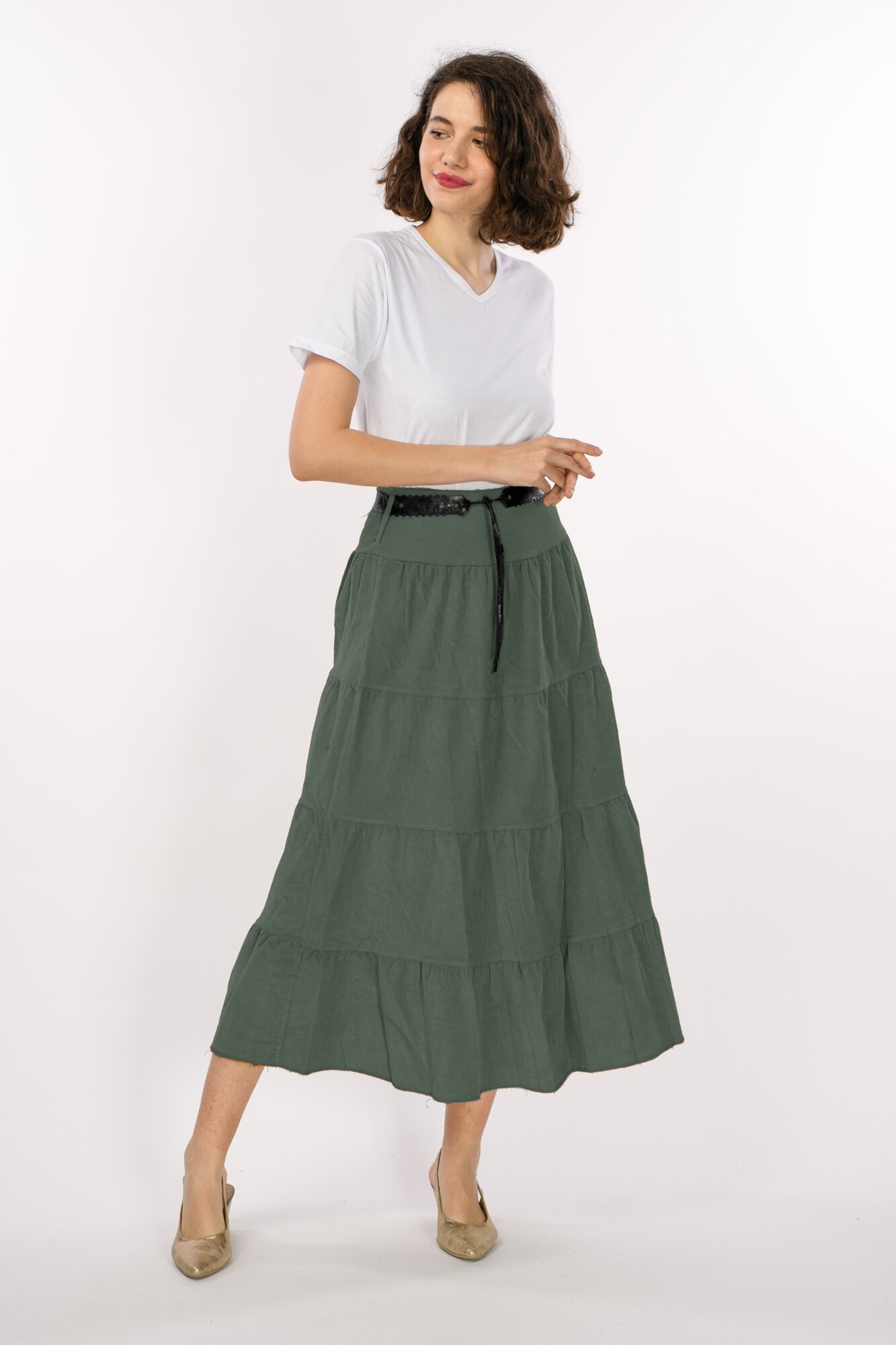 Fusta din catifea subtire raiata, culoarea kaki, Marimea L - eMAG.ro