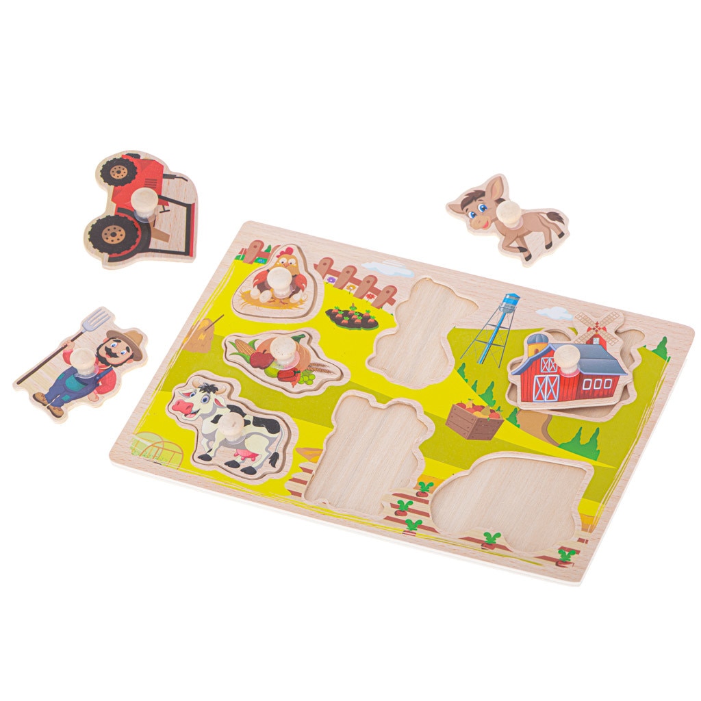 Puzzle Ferma, tractor, fermier, animale, Lemn, +3 ani, Multicolor - eMAG.ro
