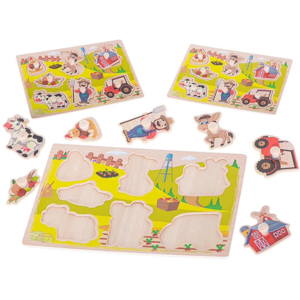 Puzzle Ferma, tractor, fermier, animale, Lemn, +3 ani, Multicolor - eMAG.ro