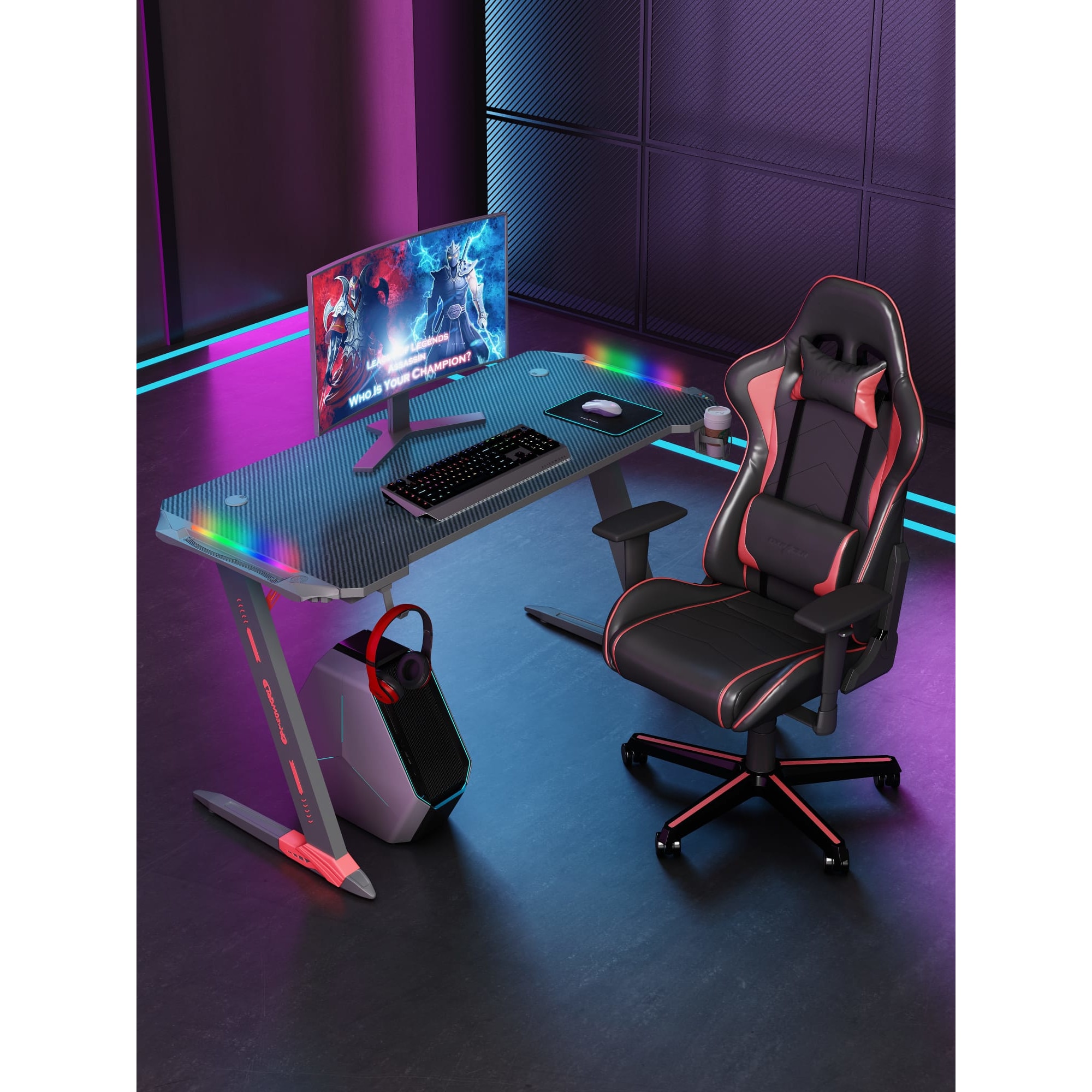 Birou Gaming Cu Led Rgb, Blat Carbon, Cadru Otel 140 CM - eMAG.ro