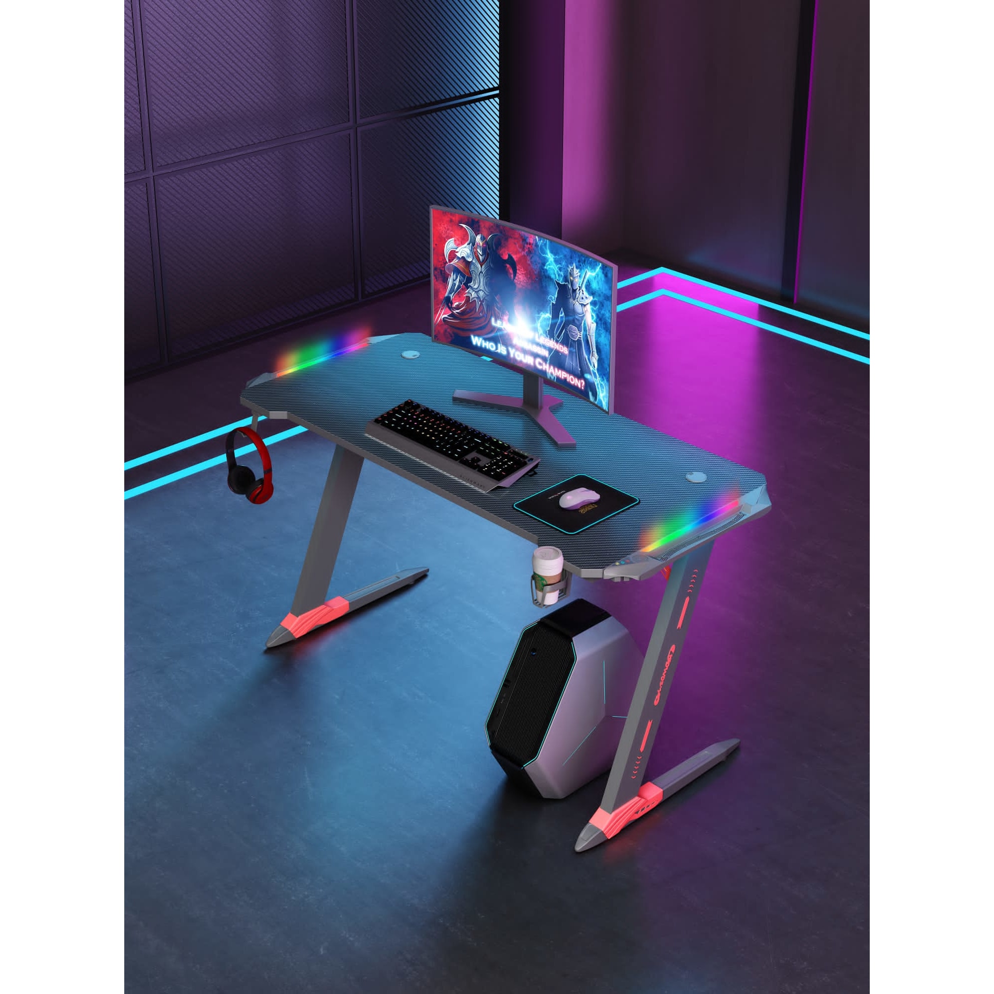 Birou Gaming Cu Led Rgb, Blat Carbon, Cadru Otel 140 CM - eMAG.ro