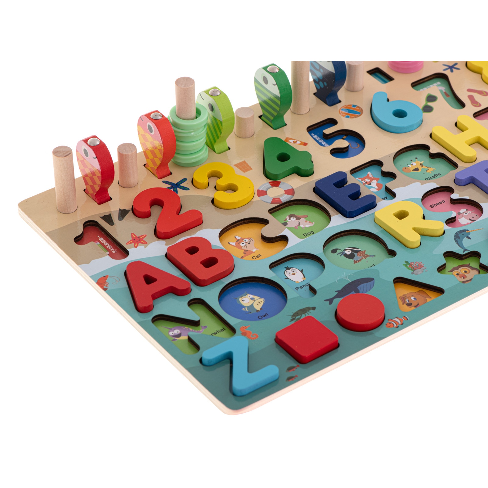 Set plansa educativa din lemn cu litere, cifre si joc cu pesti colorati ...