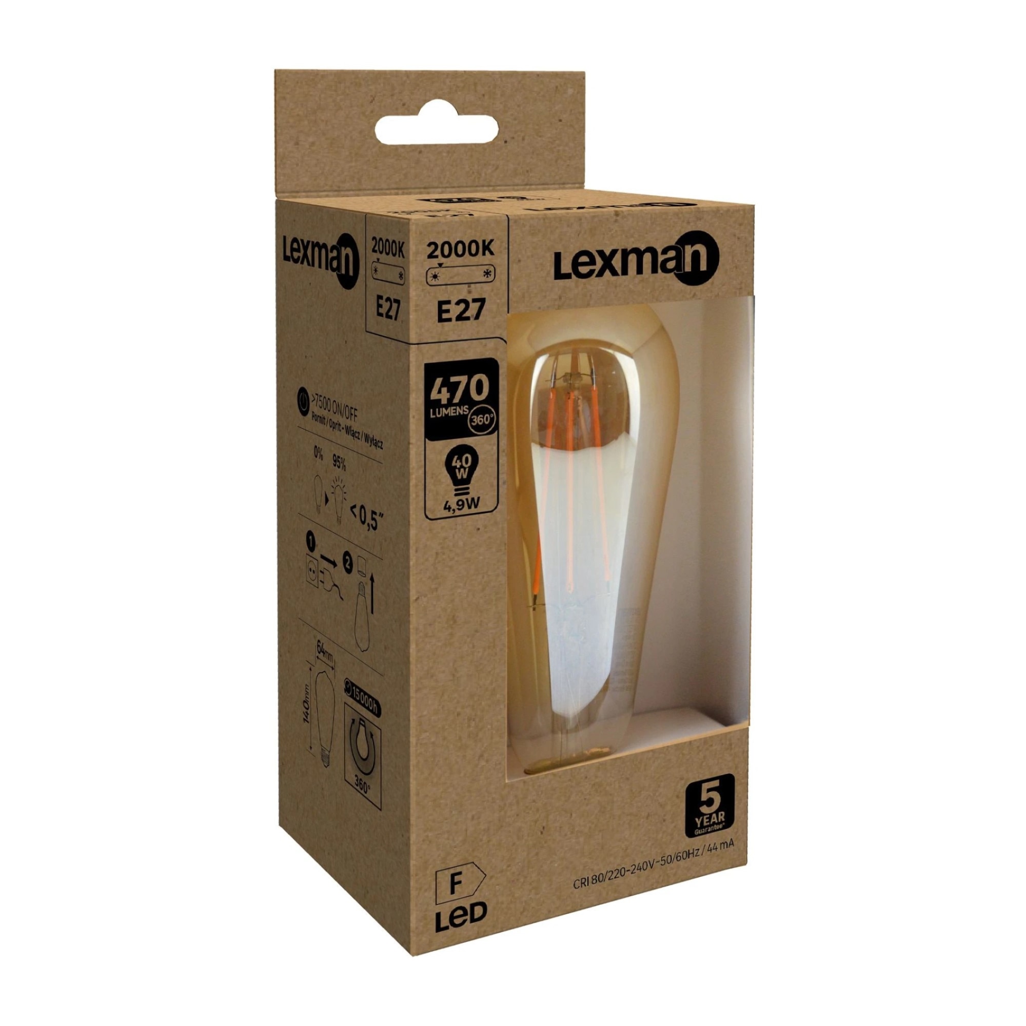 Bec LED decorativ, Lexman, E27, alb cald, 2000K, 4.9 W, 470 lm, tip ...