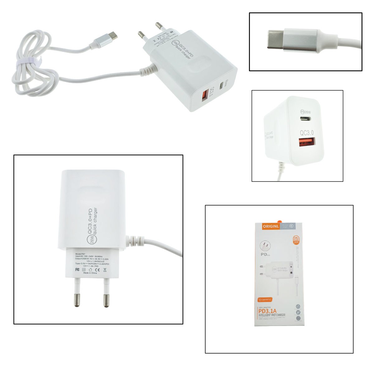 Set incarcator retea cu cablu USB Tip C, QC 3.0, PD, 20W, cu port USB ...