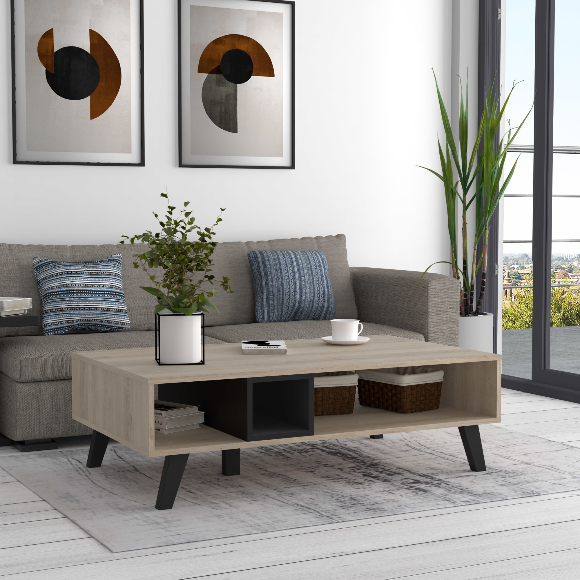 Masuta de cafea fixa moderna living model Lora Stejar Sonoma/Negru ...