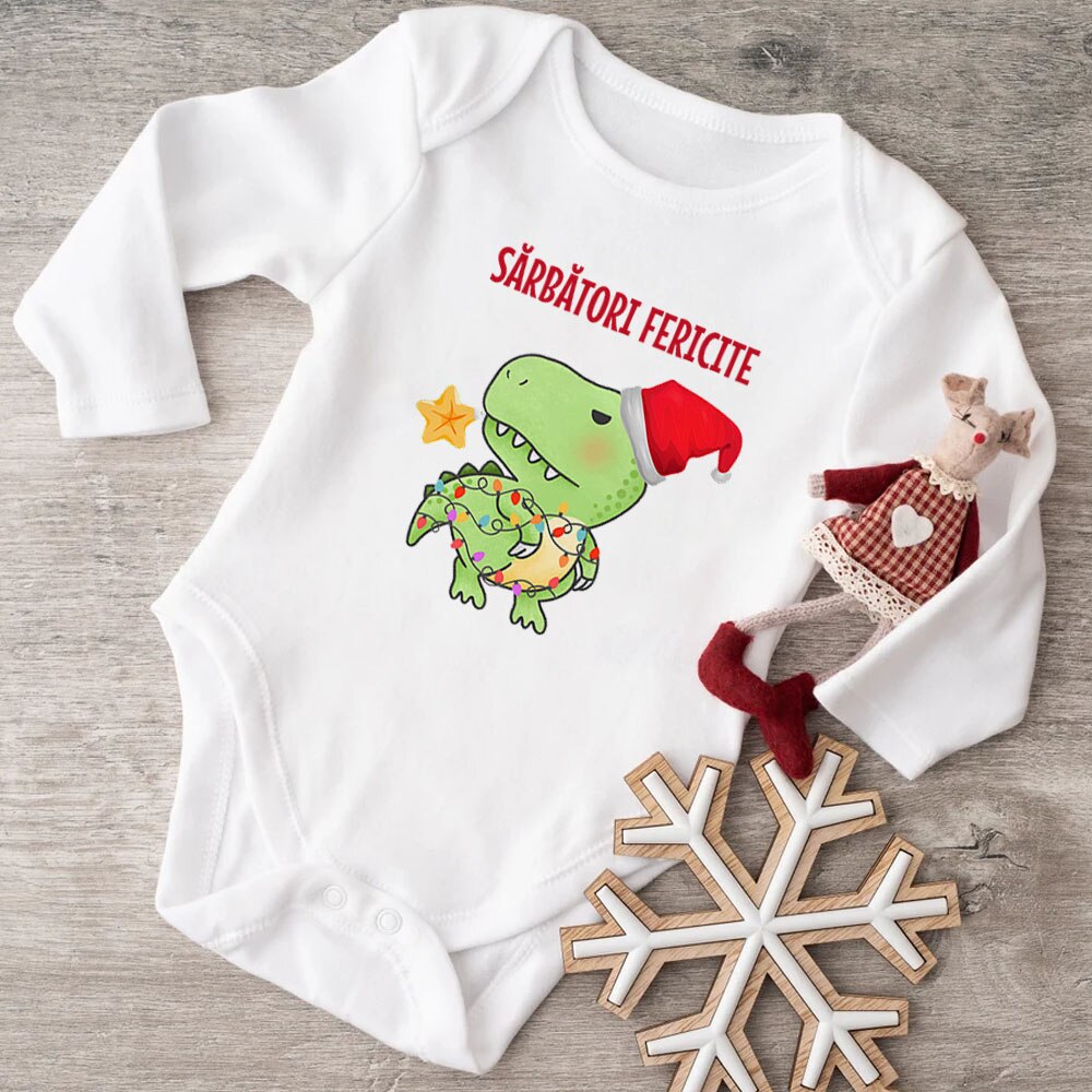 Персонализирано бебешко боди с надпис Весели празници и с T Rex бели 100 памук 6 12