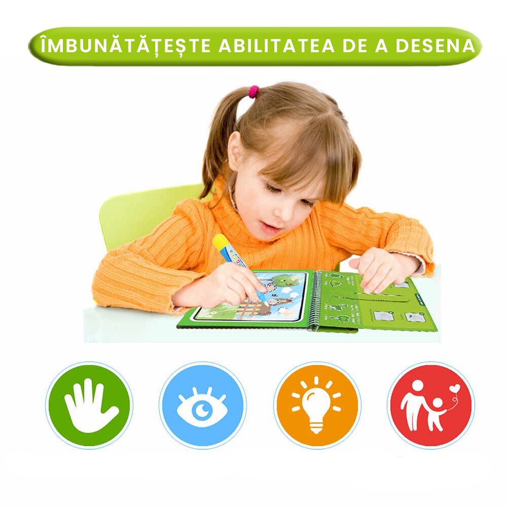 Carte de colorat cu apa Magic Book, Reutilizabila, plina de culori ...