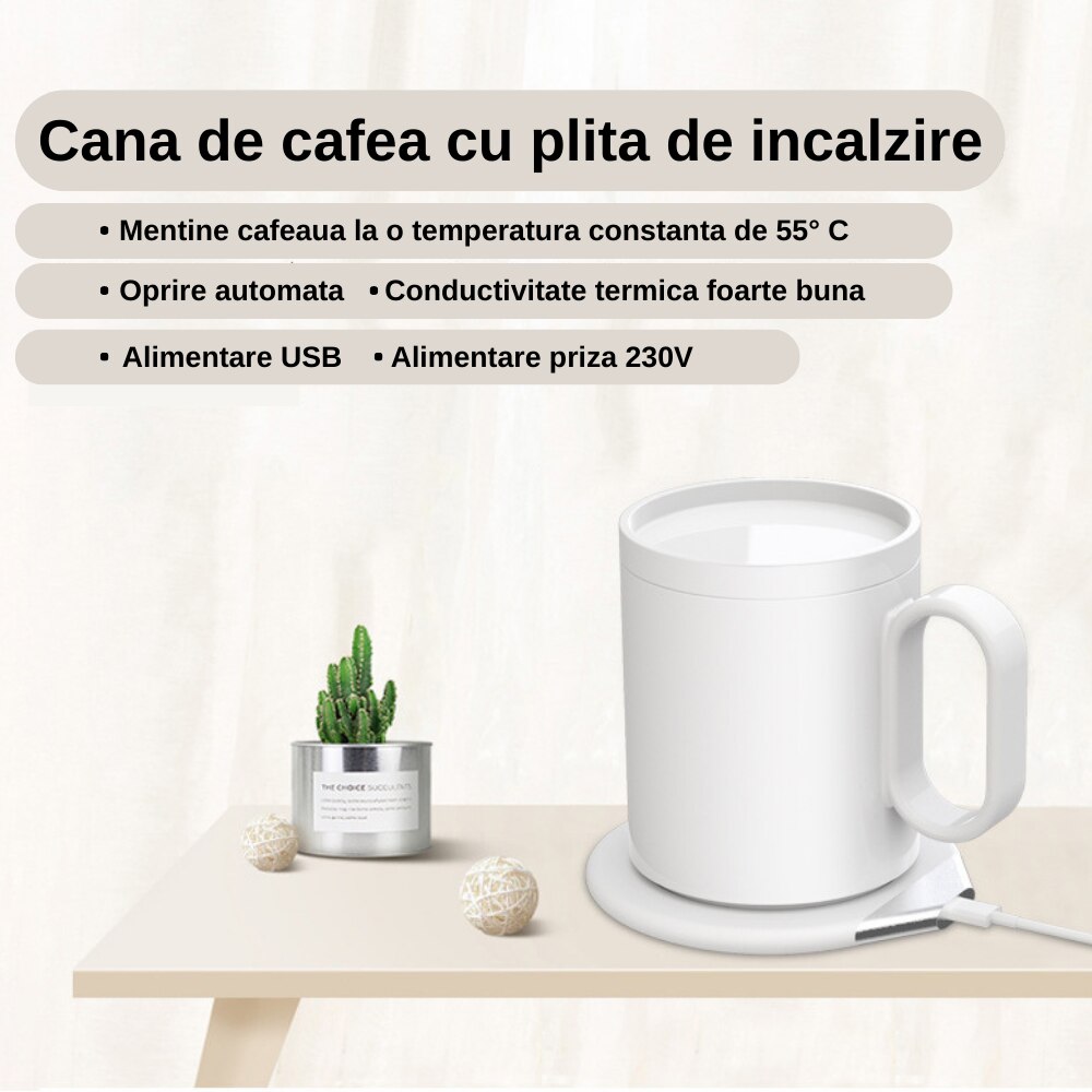 Set cana cafea cu plita + incarcator wireless telefon, ceasca ceramica ...