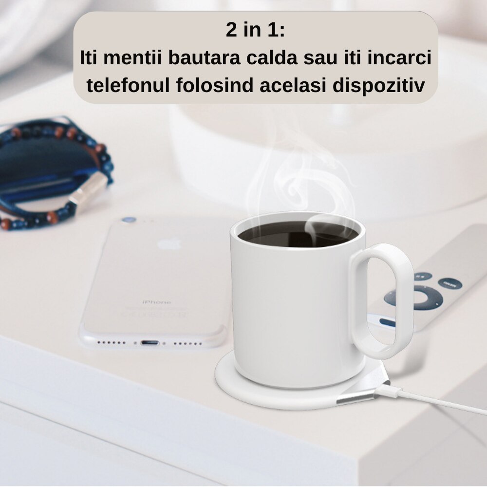 Set cana cafea cu plita + incarcator wireless telefon, ceasca ceramica ...