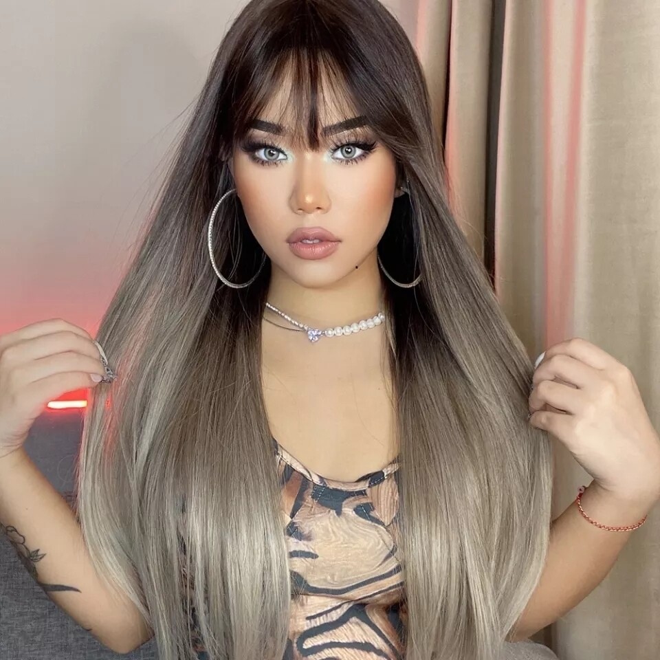 Peruca lunga Ombre GRI, dreapta, Animis Beauty ®, fibra sintetica cu ...