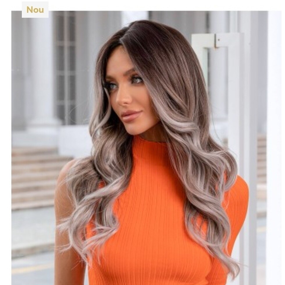 Peruca lunga Ombre GRI, Animis Beauty, fibra sintetica cu aspect ...