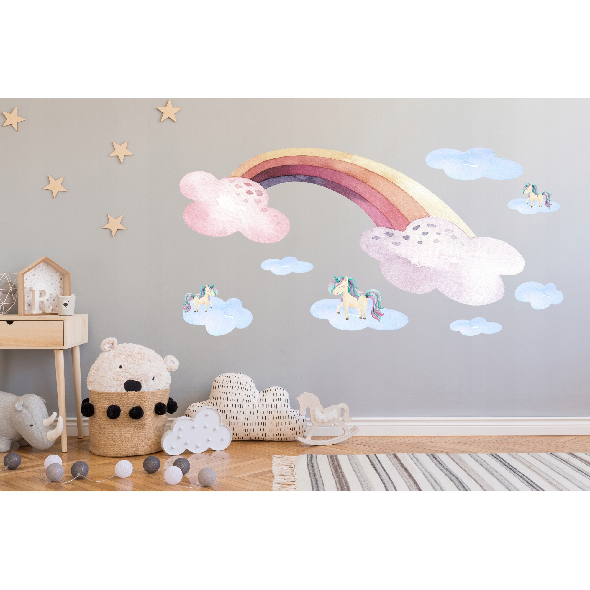 Autocolante de perete pentru copii, Model unicorni/curcubeu, 200x95cm ...