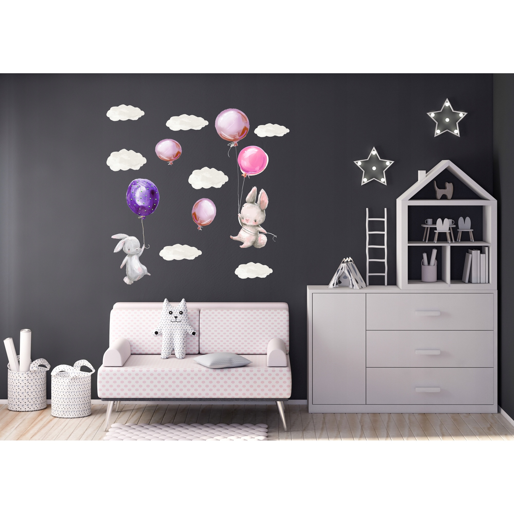 Autocolante de perete pentru copii, Model iepurasi si baloane, 100x95cm ...