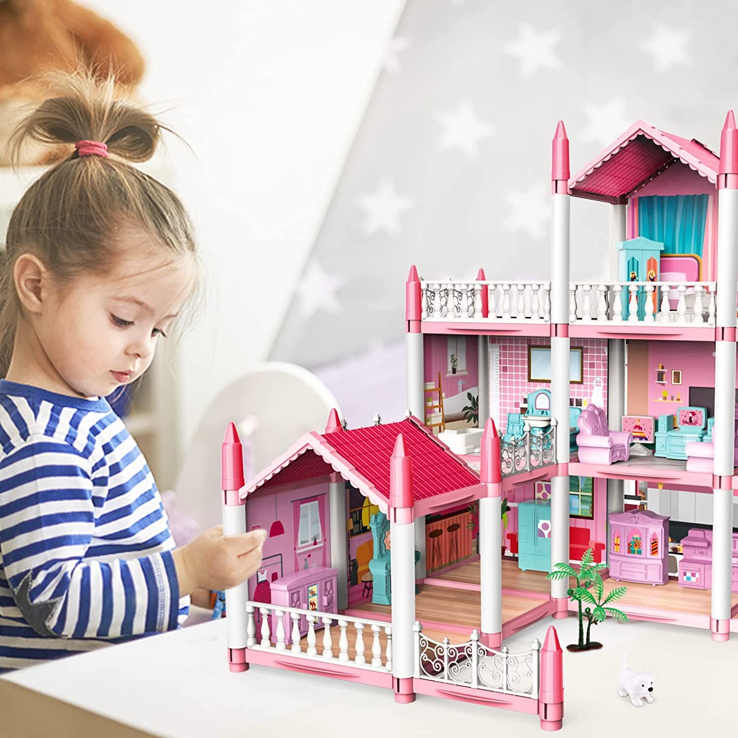 Casuta pentru Papusi DreamVilla KinderVibe™, cu 3 Etaje, 9 Camere, 2 ...
