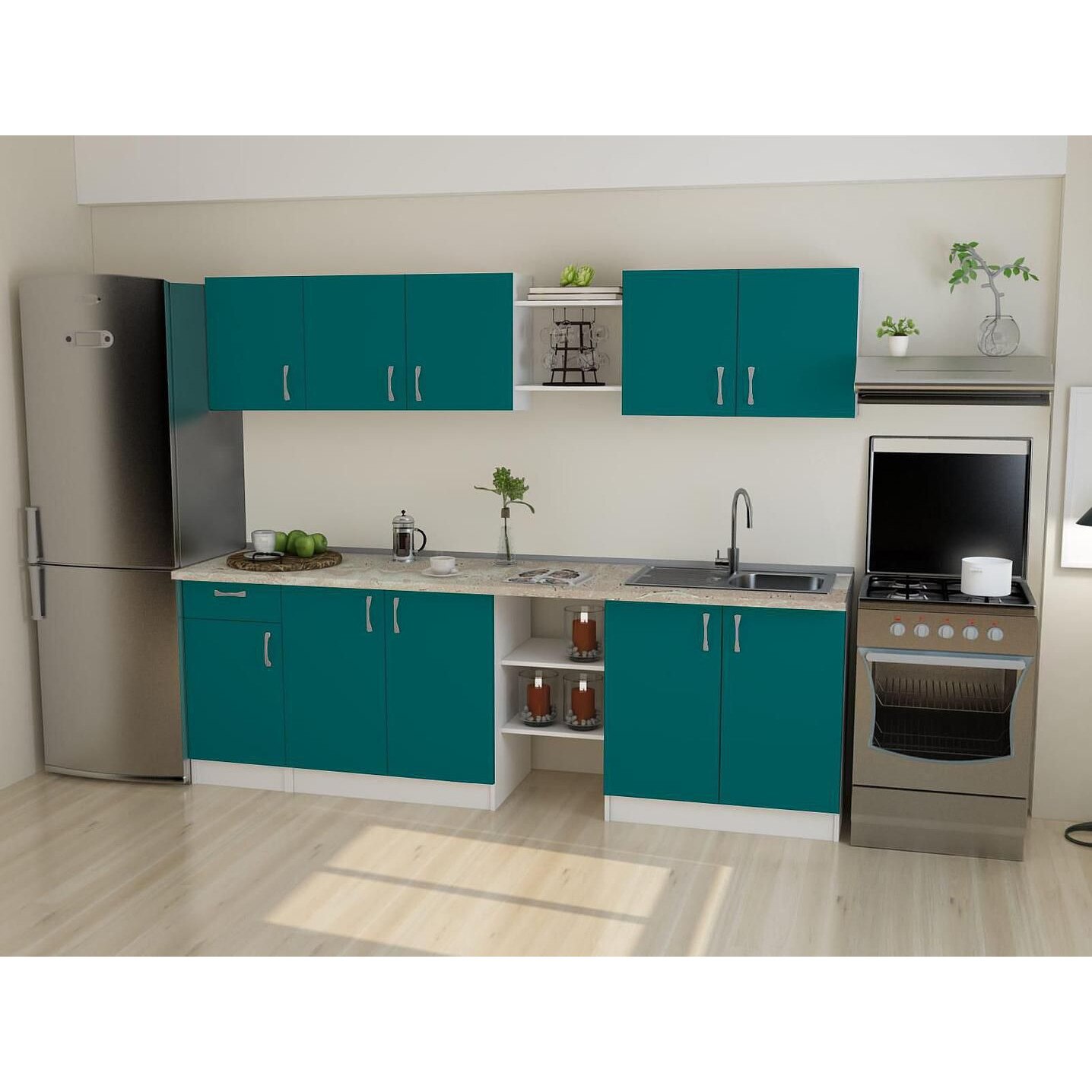 Set Bucatarie START 01 240cm, Fronturi PAL Ocean, Blat Niagara, Manere ...