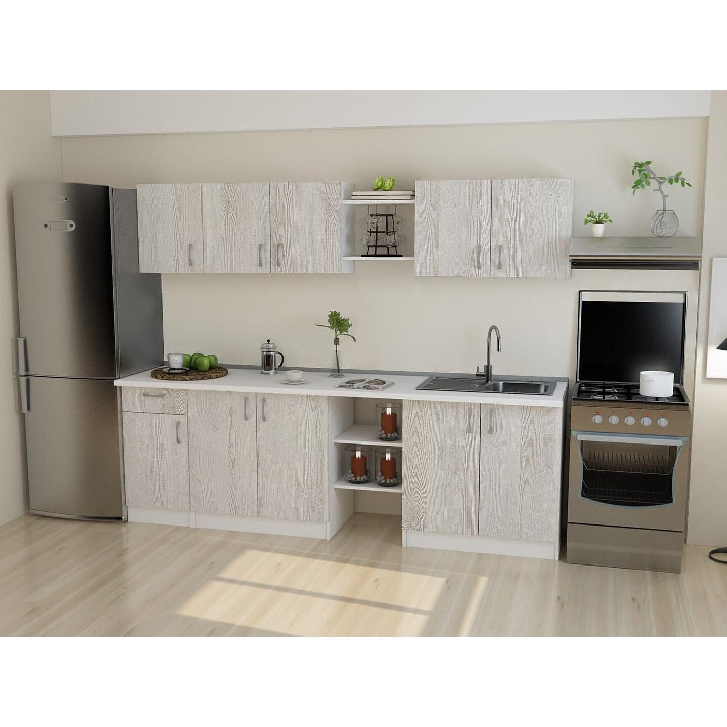 Set Bucatarie START 01 240cm, Fronturi PAL Pin Alb 04, Blat Alb perlat ...