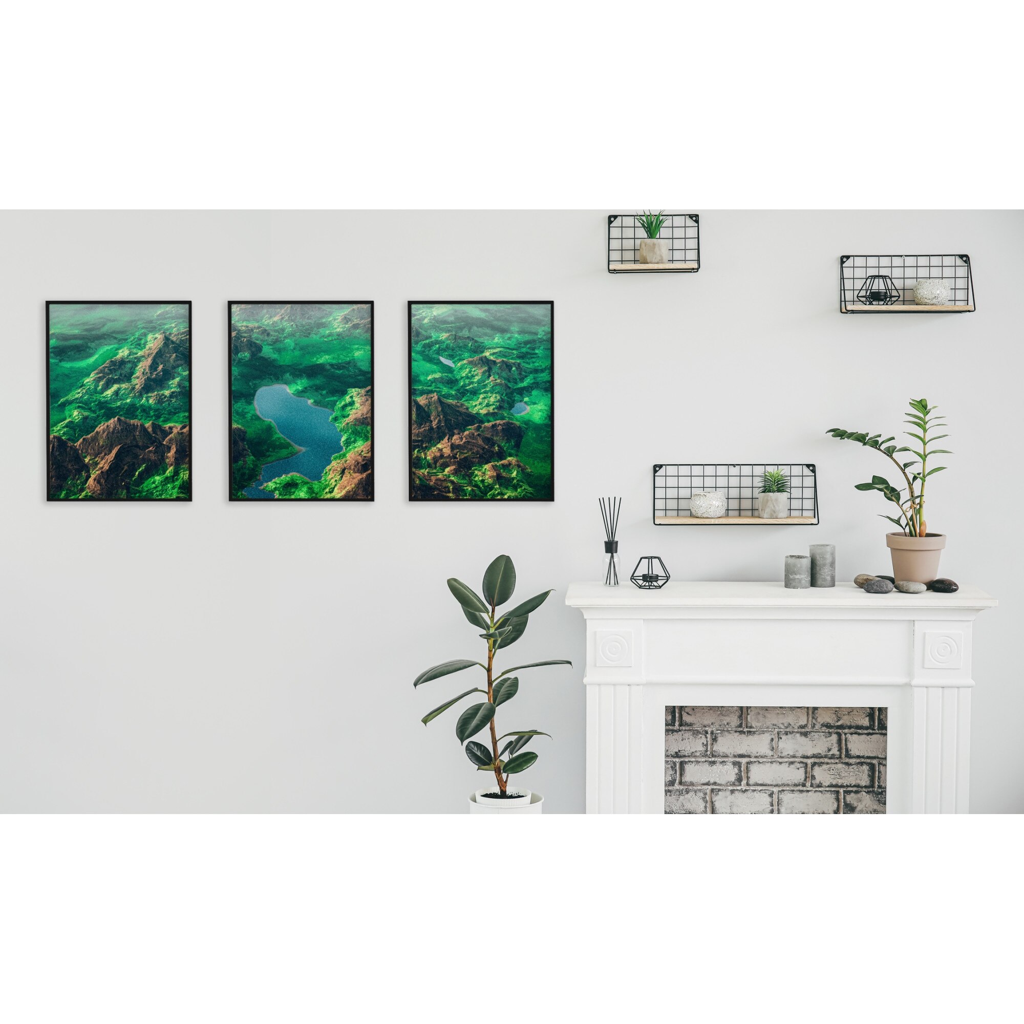 Set 3 tablouri poster, Model- Emerald Mountains Lake, Fara rama, 42 cm ...