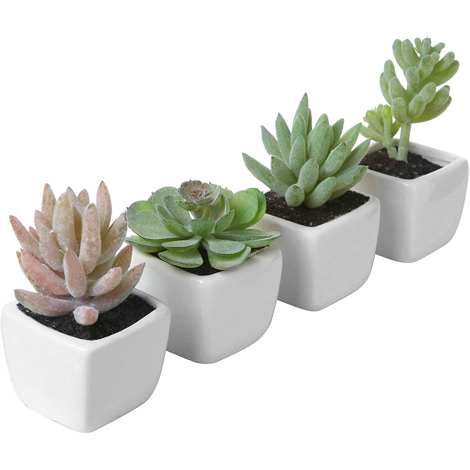Set 4 Plante Artificiale in Ghivece din Ceramica in Forma de Cub Alb ...