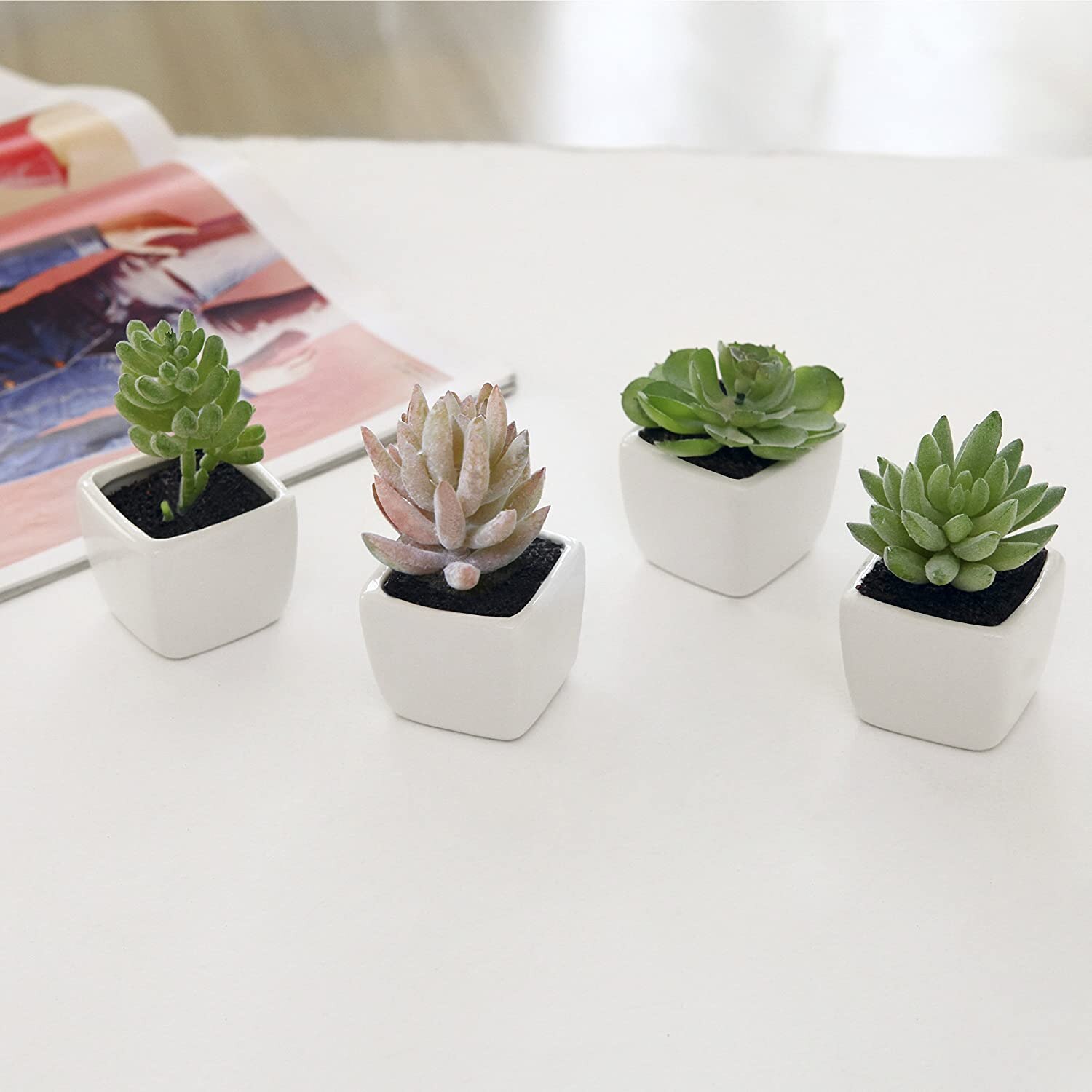 Set 4 Plante Artificiale in Ghivece din Ceramica in Forma de Cub Alb ...