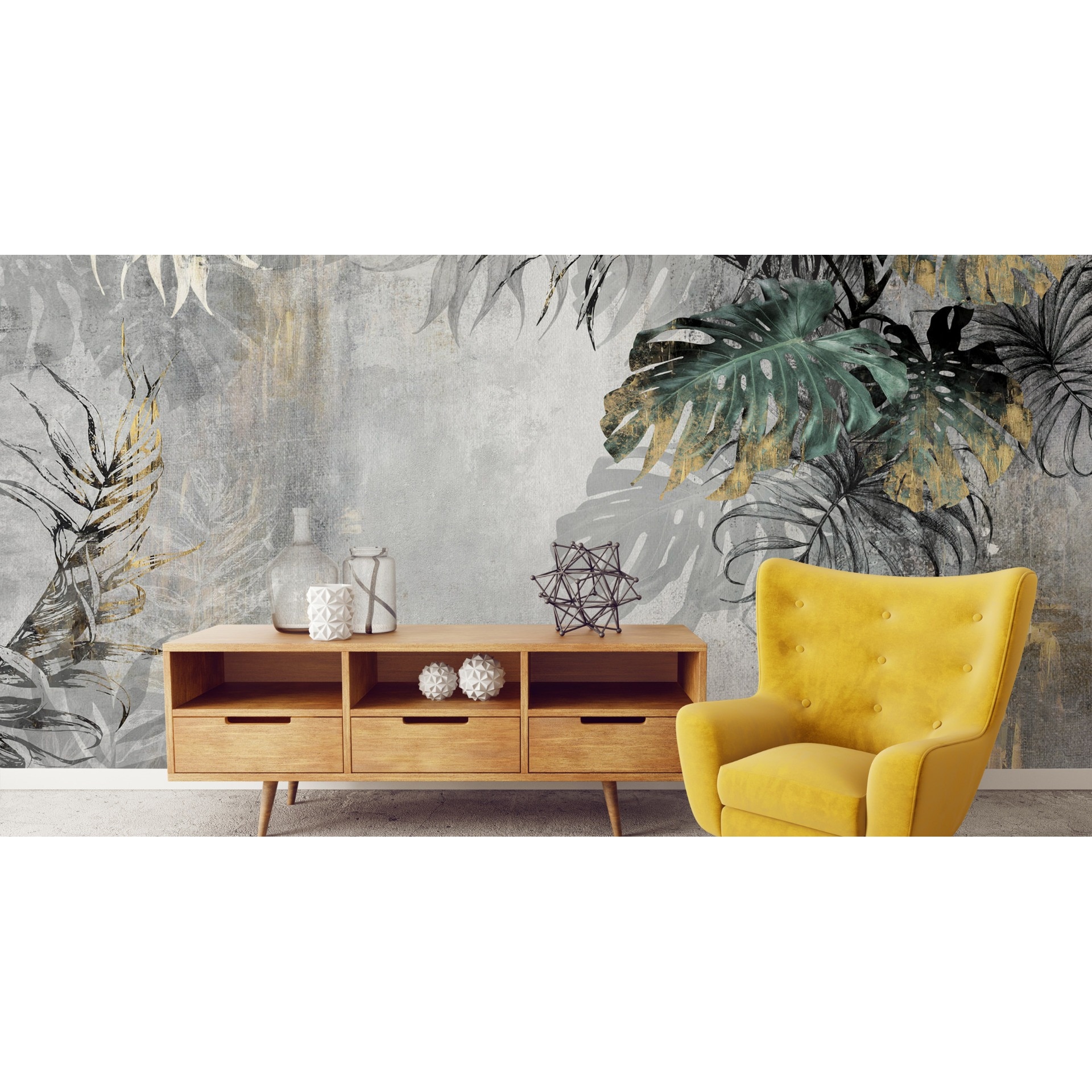 Fototapet pentru Living Frunze Tropicale Beton Retro 270 x 180 cm Vlies ...