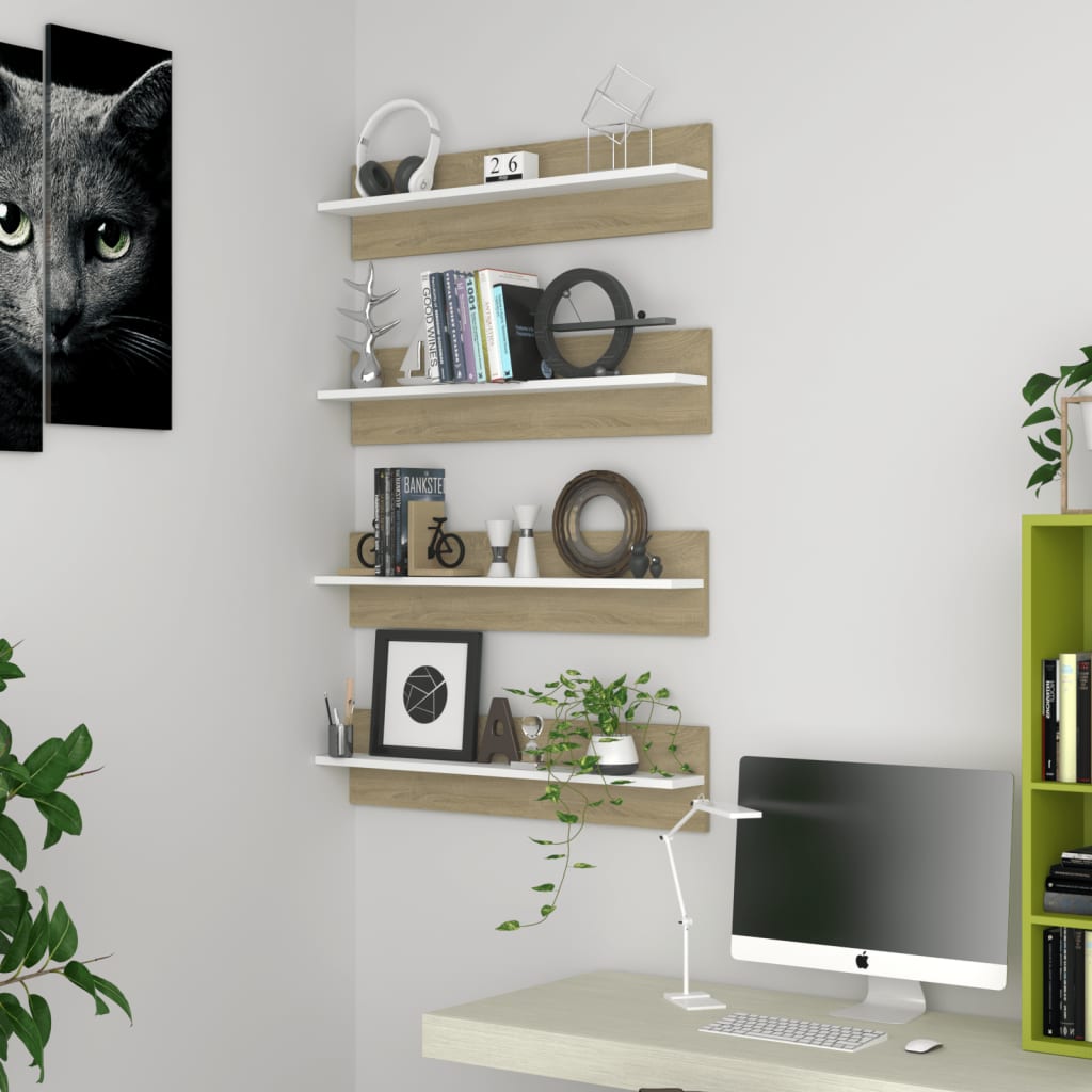 Set 4 Rafturi de perete alb si stejar sonoma 80x11,5x18 cm PAL, Design ...