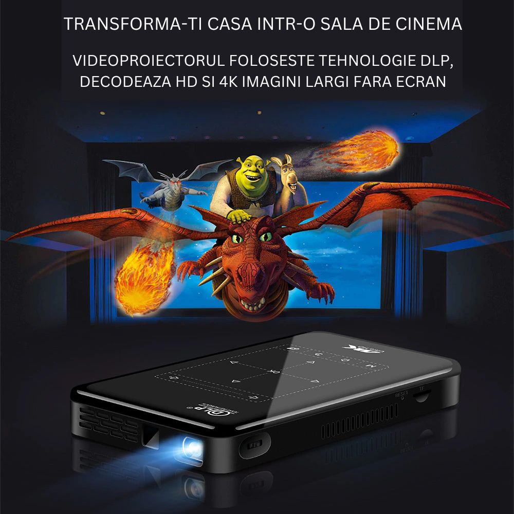 Мини LED видео проектор DLP P09-II 4K, Android 9.0, Wi-Fi, черен - eMAG.bg
