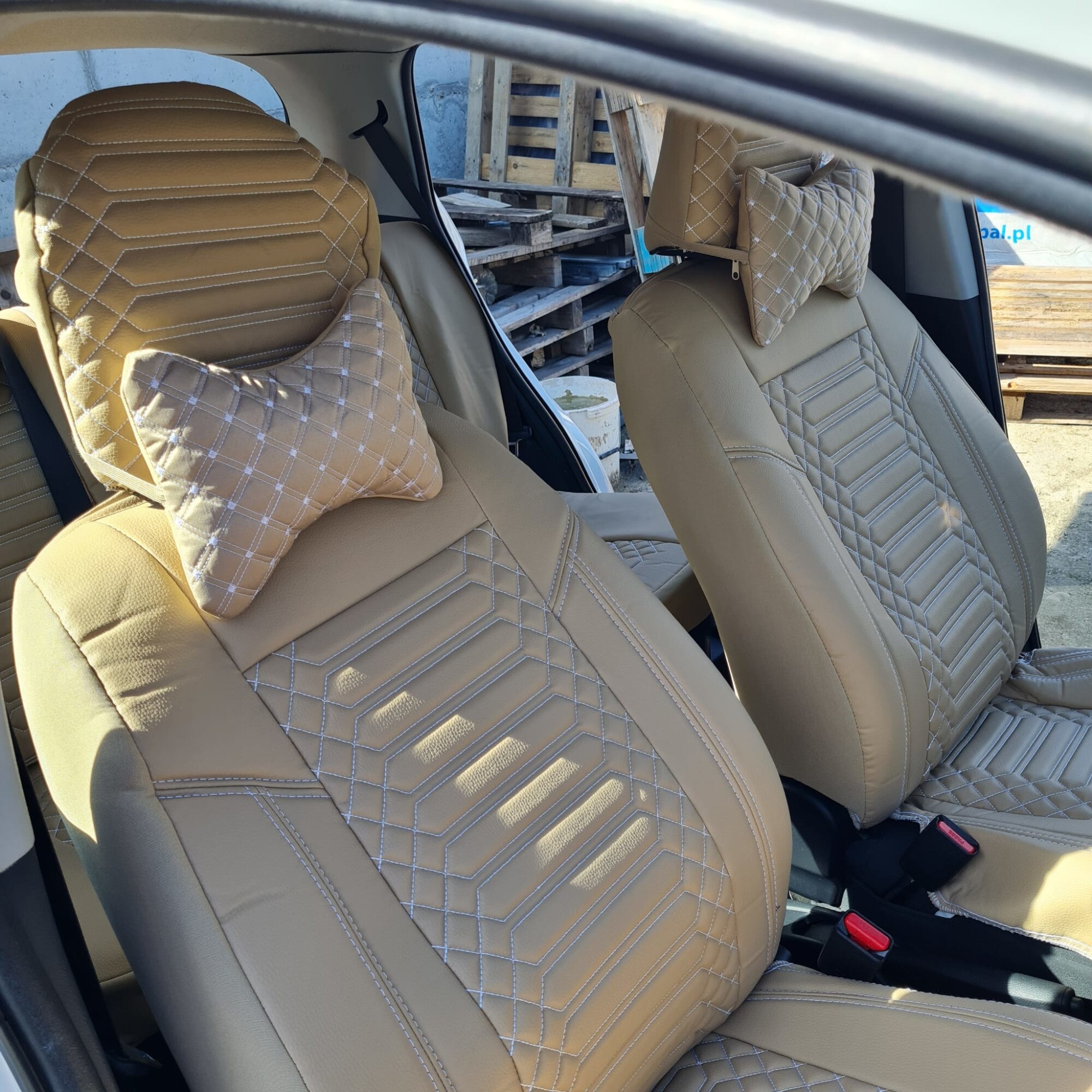 Set Huse Auto Lux Exclusiv, Piele Eco, 14 piese, 2 pernute, Bej - eMAG.ro