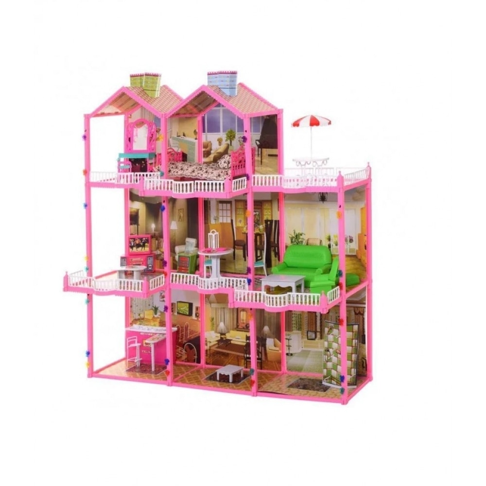 Casa de papusi, Plastic, Cu mobila, Luminoasa, 109 cm, Roz - eMAG.ro