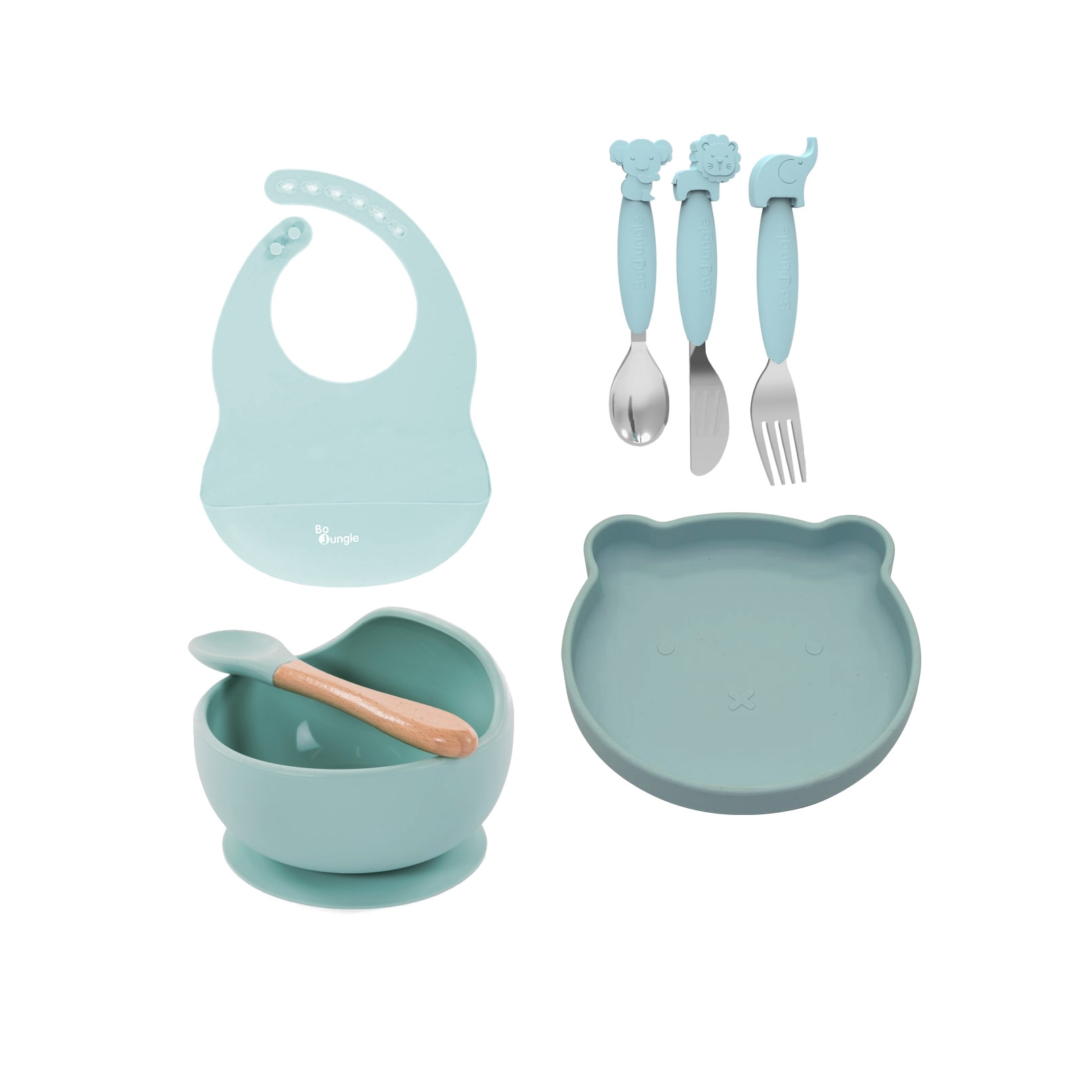 Set hranire bebe si diversificare din silicon, Bo Jungle, 1 baveta, 1 farfurie intinsa, 1 bol cu ...