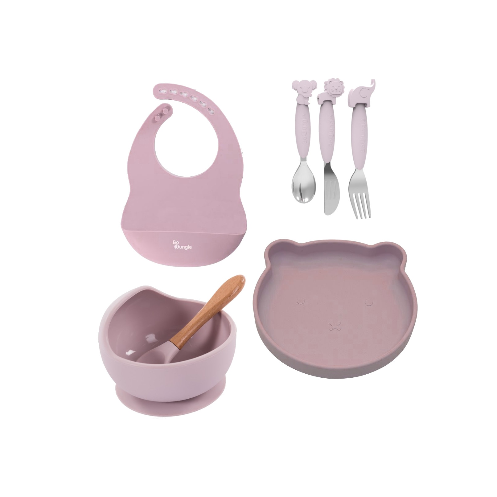Set hranire bebe si diversificare din silicon, Bo Jungle, 1 baveta, 1 farfurie intinsa, 1 bol cu ...