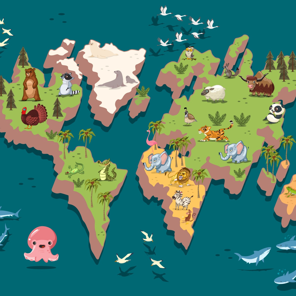 Fototapet Harta Lumii Animale Oceane 3D 270 x 180 cm Modern vlies ...