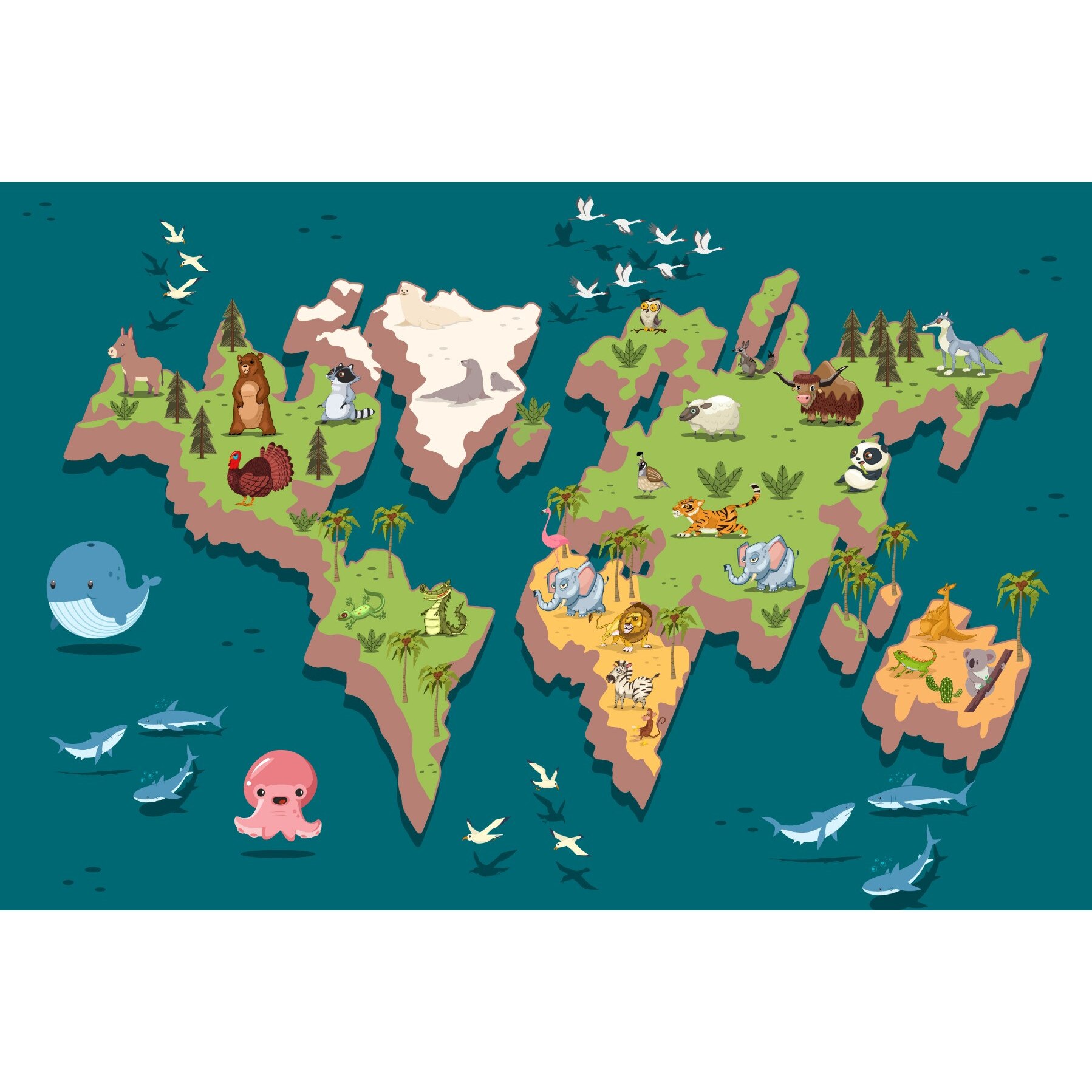 Fototapet Harta Lumii Animale Oceane 3D 270 x 180 cm Modern vlies ...