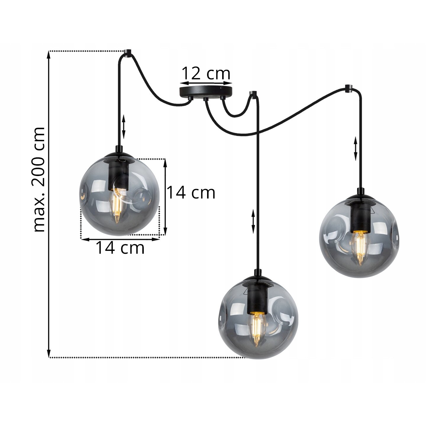 Lustra stil spider, 3 brate reglabile, Sticla, Negru, 200cm, SPIDER ...