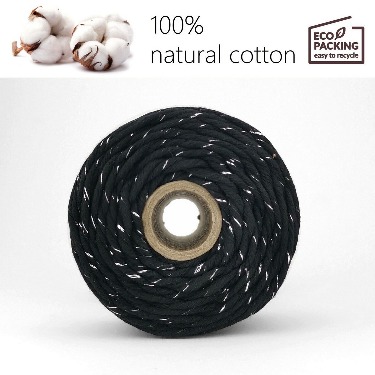 Fir textil macrame, Leviatan, Bumbac, 3mm / 200m, Negru/Argintiu - eMAG.ro