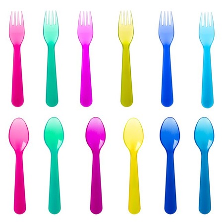 Set linguri si furculite reutilizabile, plastic, multicolor, 12 buc, 16 ...