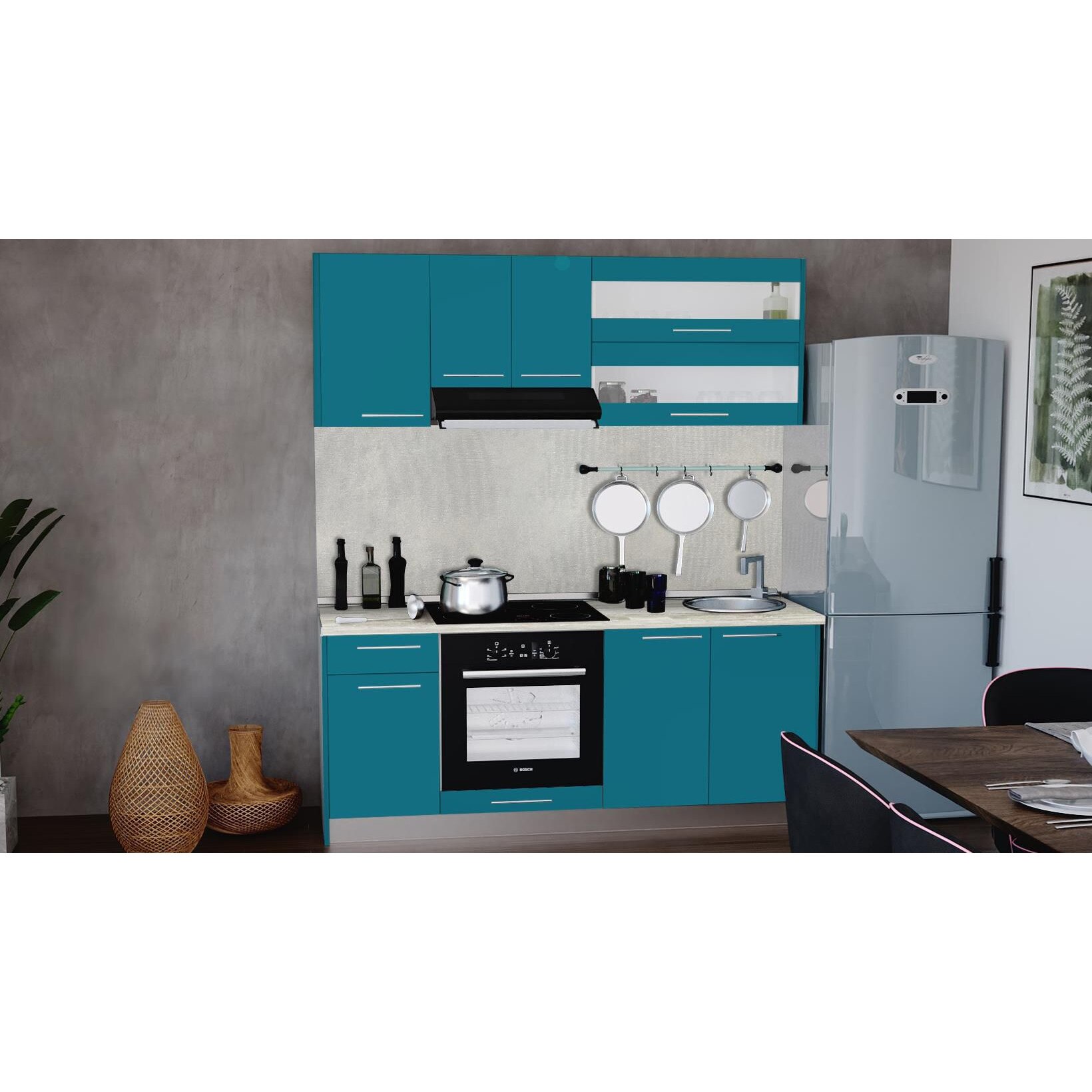 Set Bucatarie DOMINO 01 180cm, Fronturi MDF Lucios Turcoaz, Blat Lemn ...