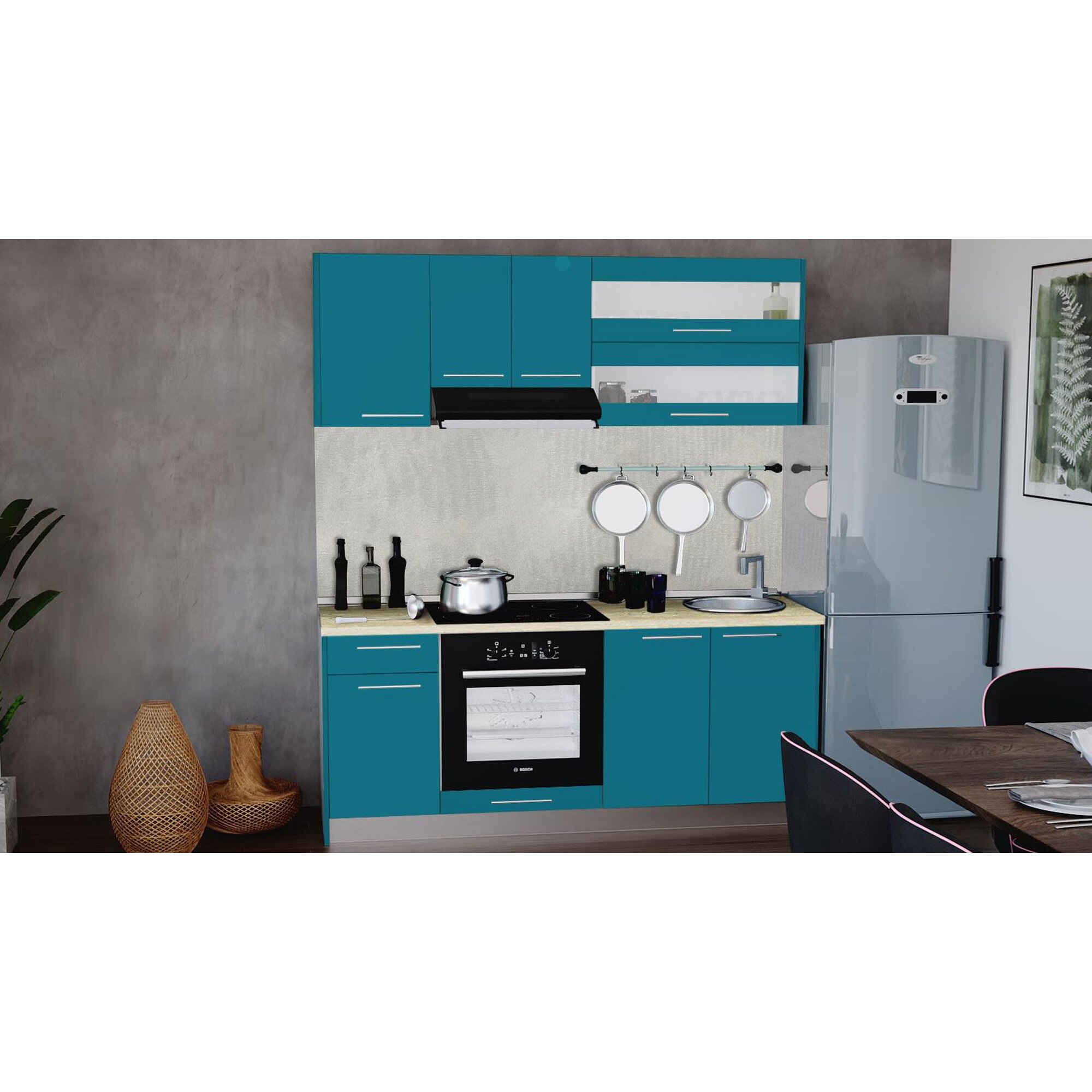 Set Bucatarie DOMINO 01 180cm, Fete MDF Lucios Turcoaz, Blat Niagara ...