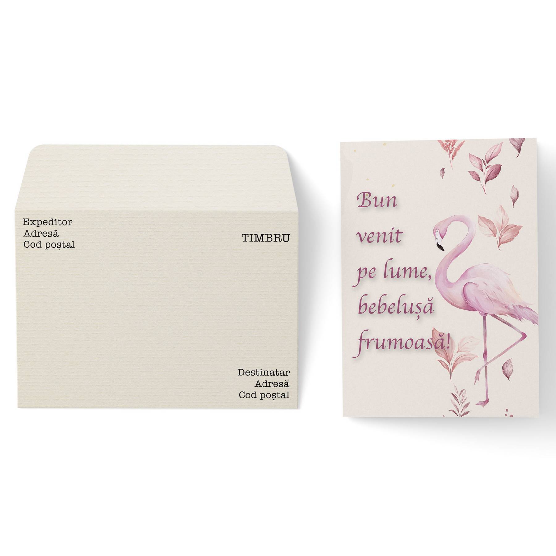 Felicitare cu plic, hartie texturata premium - cu flamingo pentru nou ...