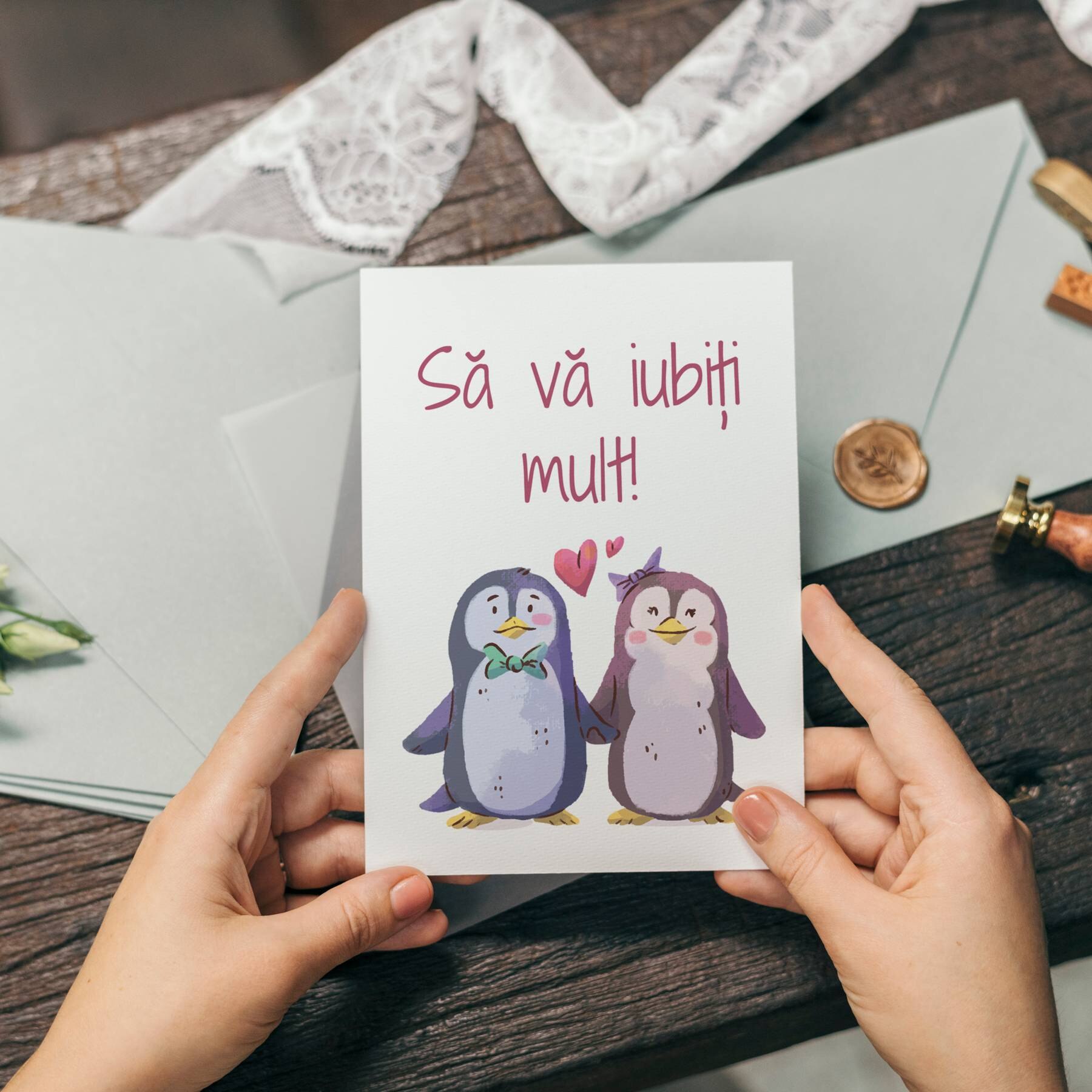 Felicitare cu plic, hartie texturata premium - pentru nunta cu pinguini ...